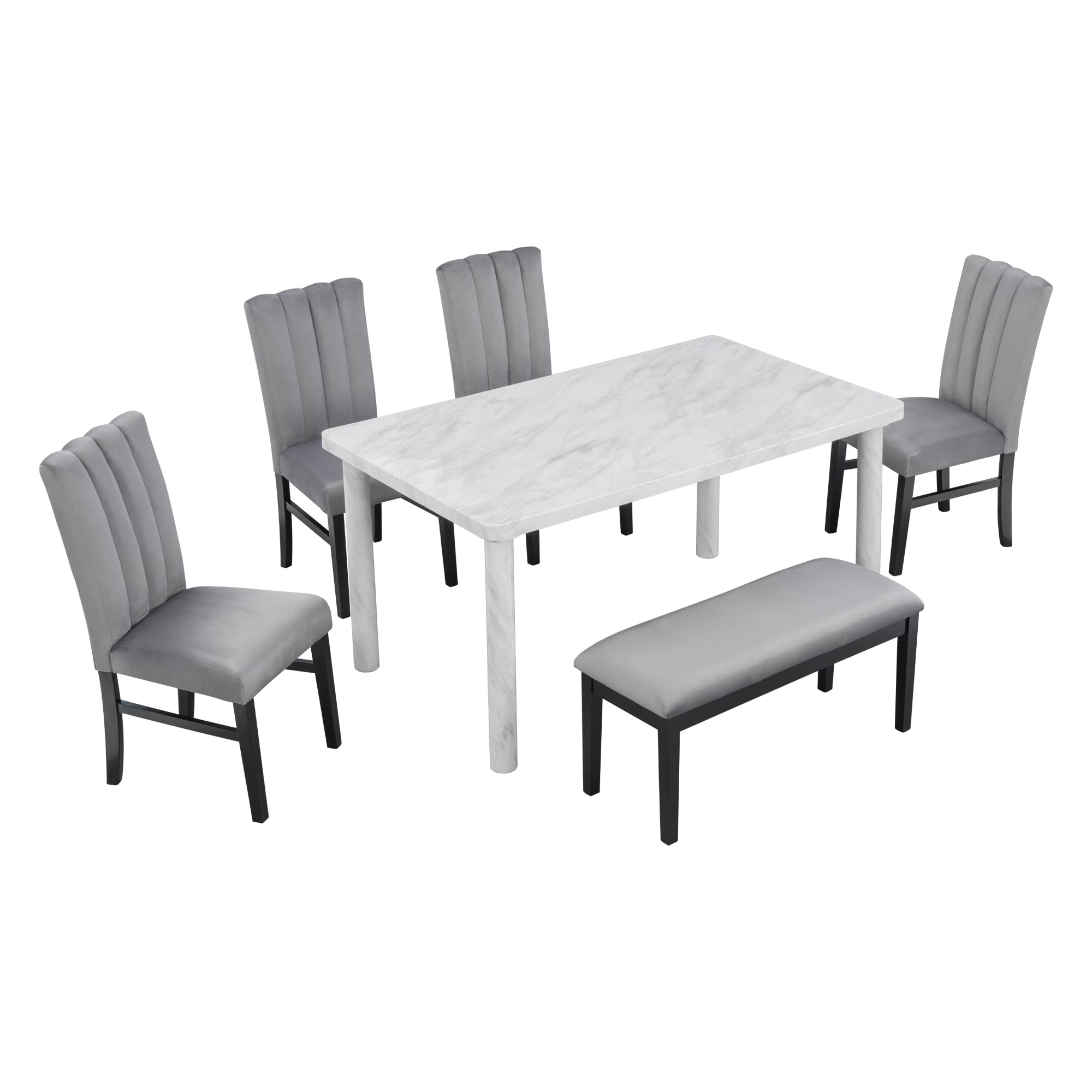 YuiHome 6-Piece Rectangular Table Set with Marble Veneer and 4 Flannelette Upholstered Dining Chairs & Bench, for Living Furniture, Guest Room, Home Bar, and Kitchen,White+Gray