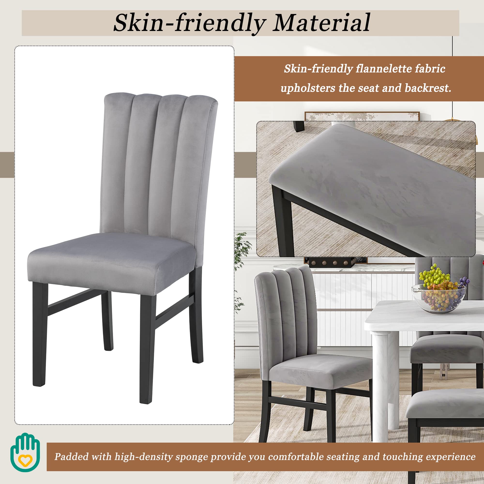 YuiHome 6-Piece Rectangular Table Set with Marble Veneer and 4 Flannelette Upholstered Dining Chairs & Bench, for Living Furniture, Guest Room, Home Bar, and Kitchen,White+Gray
