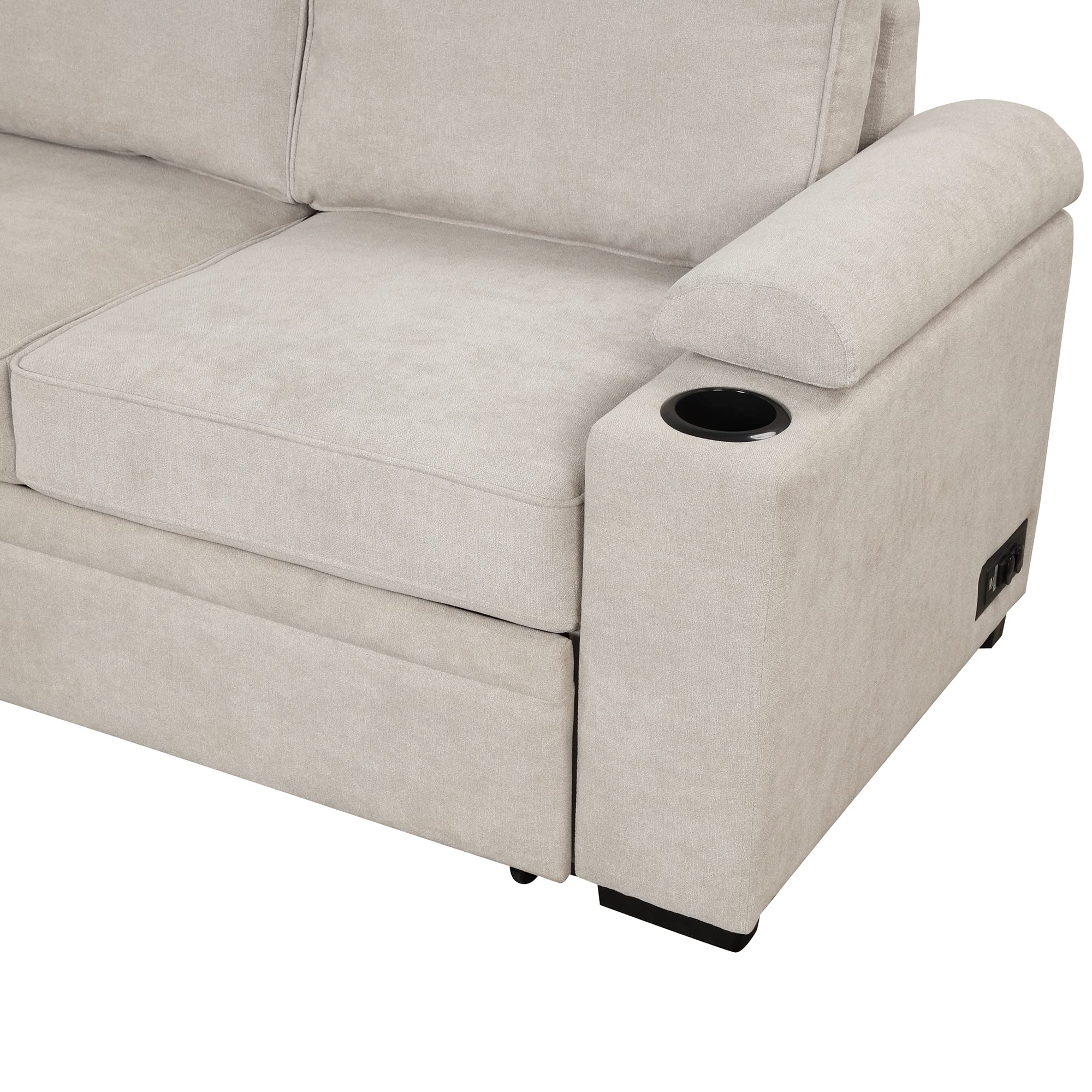 FREESNOOZE 2 in 1 Sleeper Sofa Bed, 84.75" Pull Out Couch Bed L Shape Couch with USB Charging Port, 3-pin Plug, Cup Holders, Storage Ottoman for Living Room/Bedroom/Small Apartment, Beige
