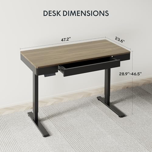 FLEXISPOT Q5 Standing Desk with Drawer, 48 x 24 Inch Electric Adjustable Height Stand Up Desk with Storage Organizer, Whole Piece Wooden Desktop for Home, Office, Computer Workstation, Dark Brown