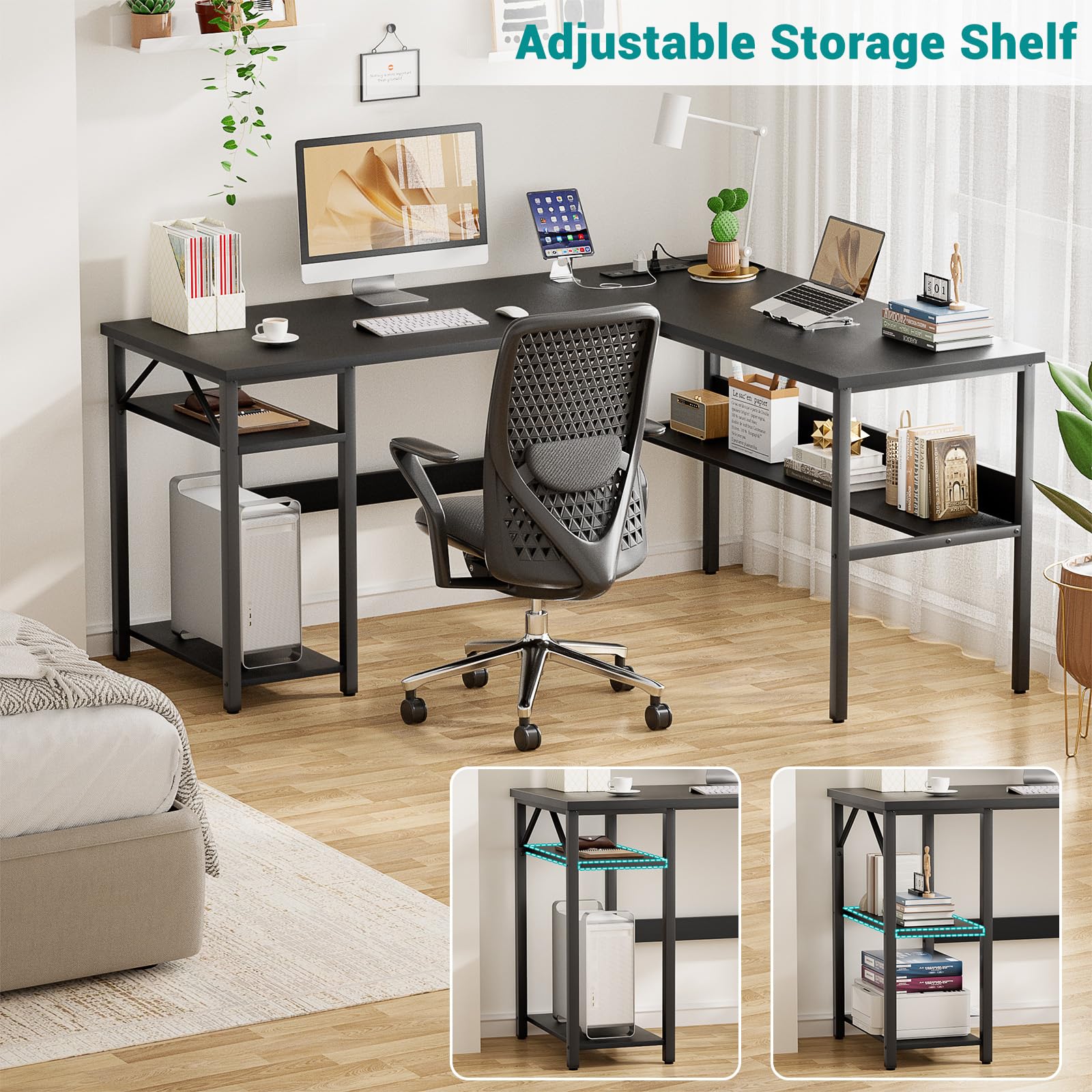 Hyomdeck Reversible L Shaped Computer Desk with Power Outlets and USB Charging Ports, Sturdy Corner Desk with Storage Shelf, Modern Work Gaming Table for Home Office, Easy to Assemble, Black