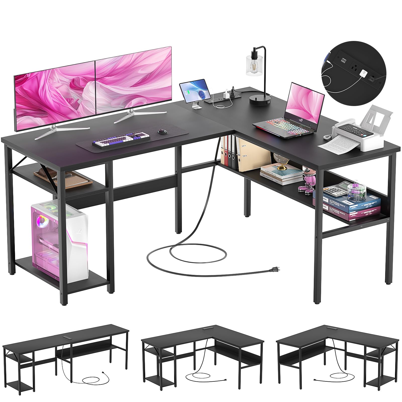 Hyomdeck Reversible L Shaped Computer Desk with Power Outlets and USB Charging Ports, Sturdy Corner Desk with Storage Shelf, Modern Work Gaming Table for Home Office, Easy to Assemble, Black