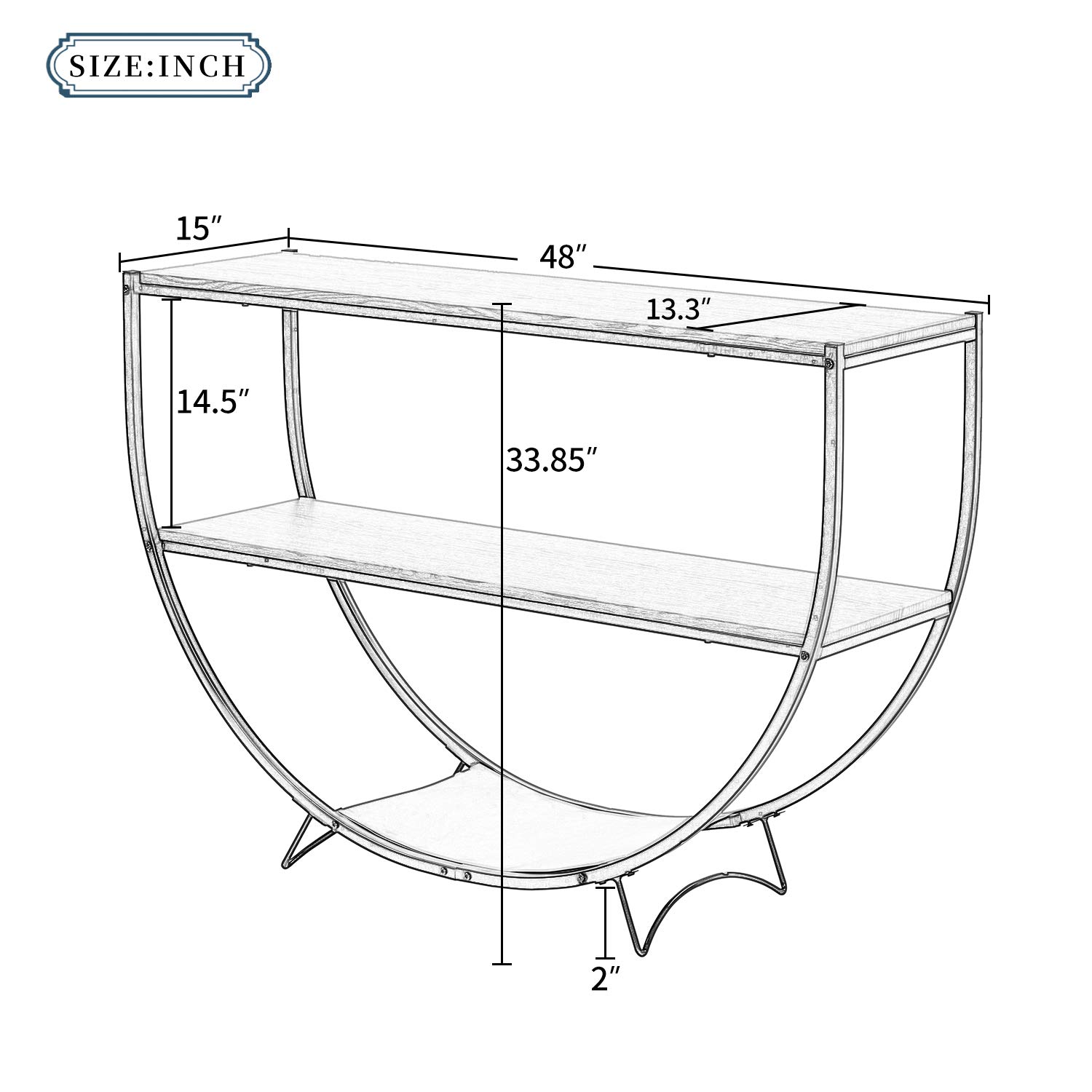GINGVAT Semilune Shape Metal Distressed Support Console Table with Rustic Industrial Design and 2 Tiers Large Storage Space Textured Wood Book Shelves,Brown
