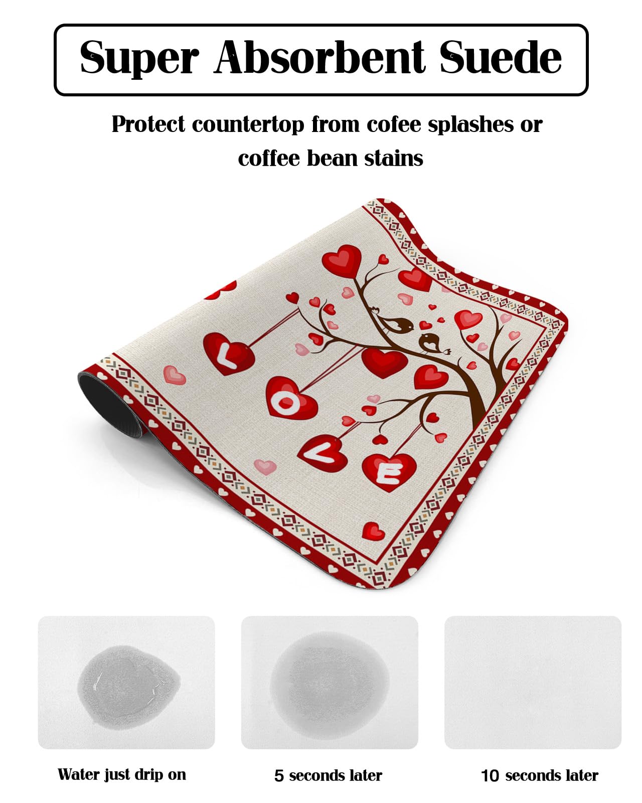 Valentines Day Dish Drying Mat for Kitchen Counter, Super Absorbent Quick Dry Coffee Bar Mat Pad Thin Diatomaceous Sink Mat Non Slip Dish Drainer Mat 12''x16'' Romantic Love Heart Tree Red