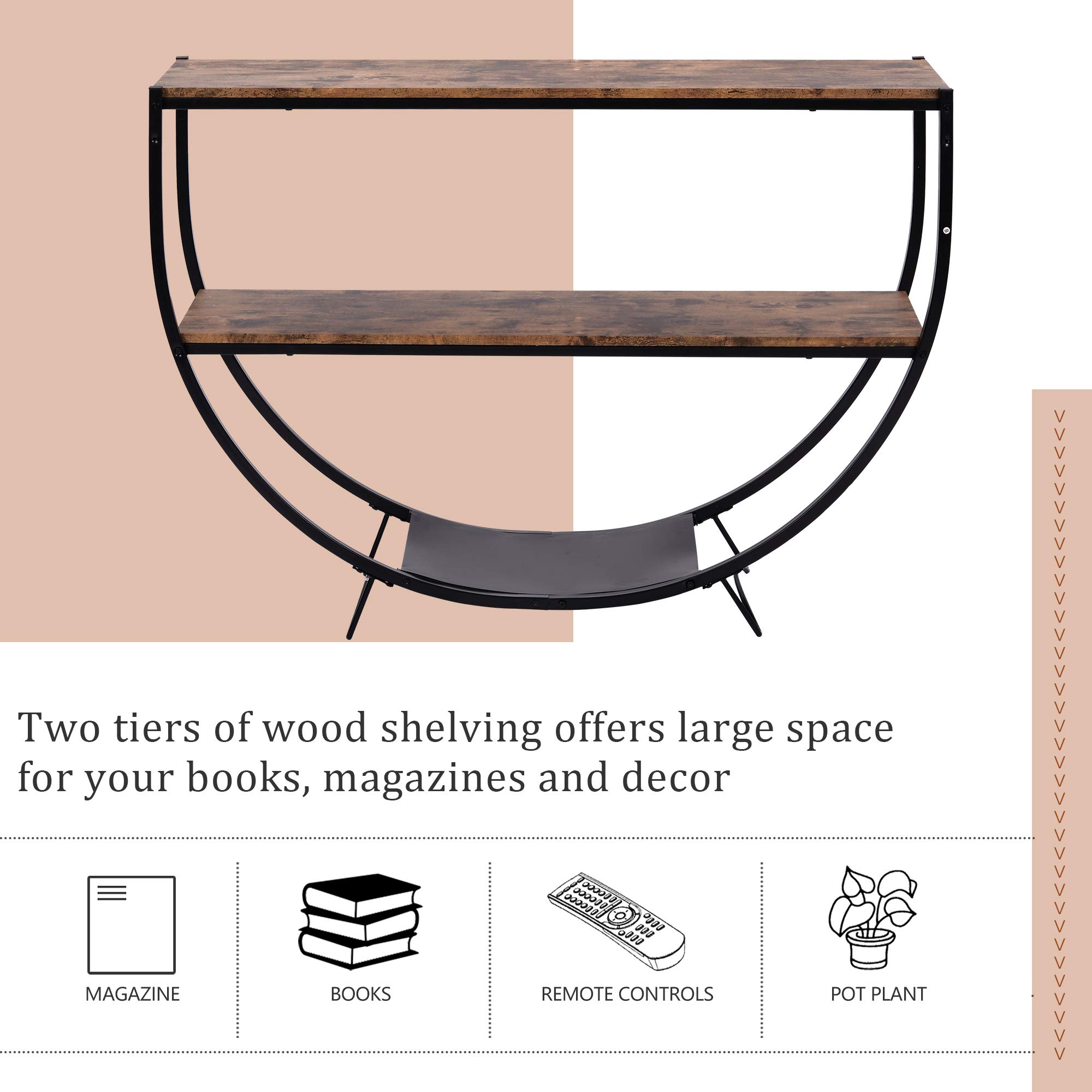 GINGVAT Semilune Shape Metal Distressed Support Console Table with Rustic Industrial Design and 2 Tiers Large Storage Space Textured Wood Book Shelves,Brown