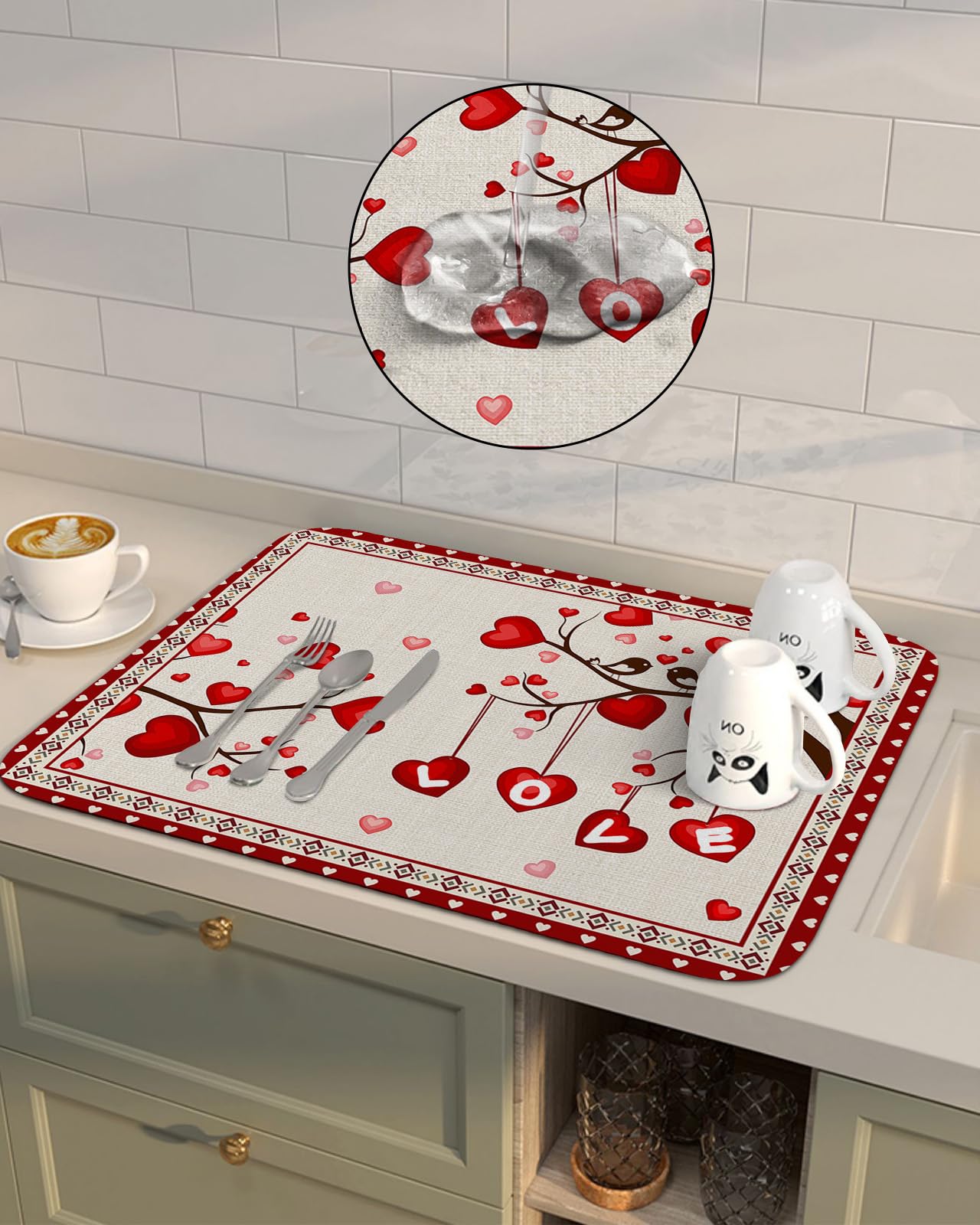 Valentines Day Dish Drying Mat for Kitchen Counter, Super Absorbent Quick Dry Coffee Bar Mat Pad Thin Diatomaceous Sink Mat Non Slip Dish Drainer Mat 12''x16'' Romantic Love Heart Tree Red
