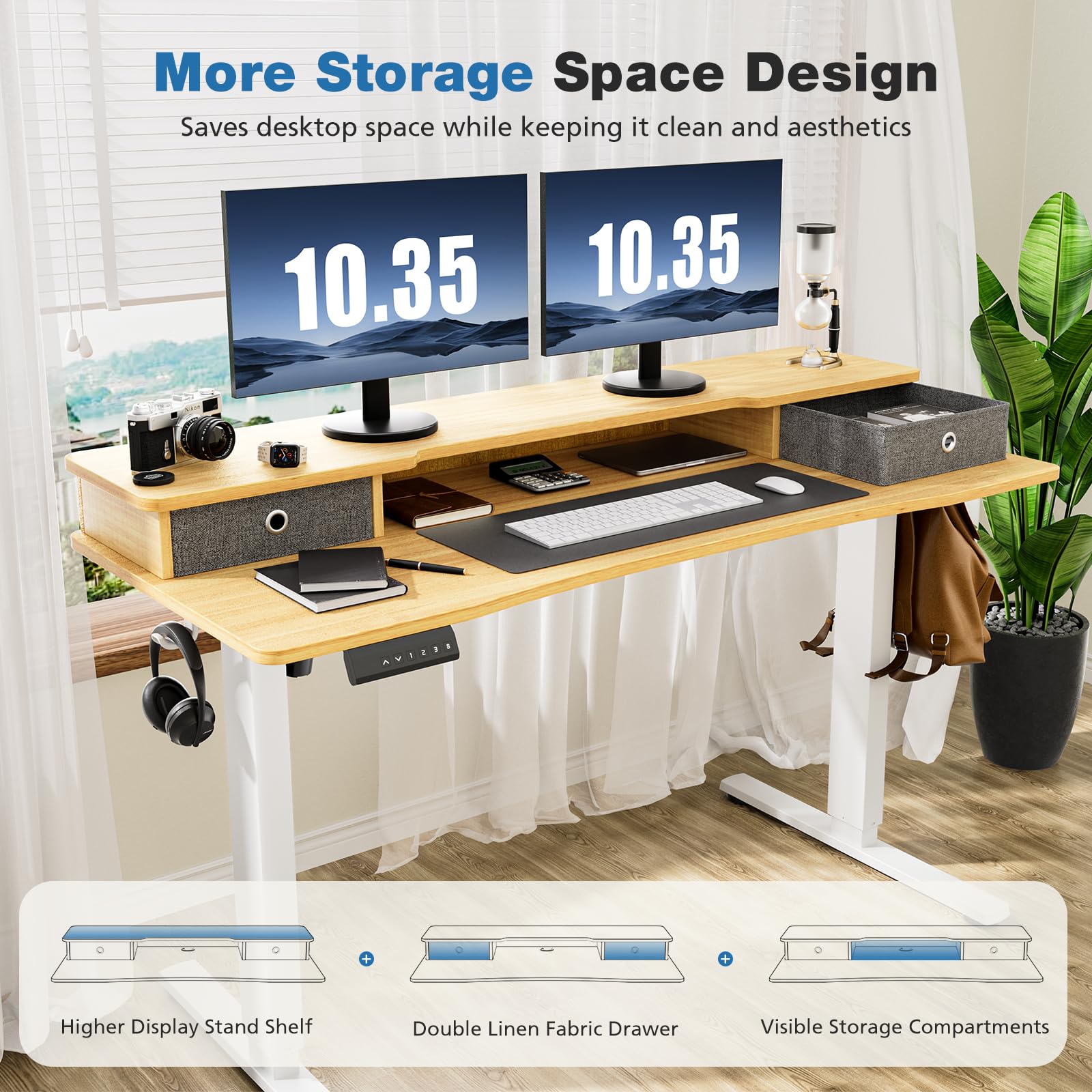 63 Inch Electric Standing Desk with Double Drawers, Adjustable Height Stand Up Desk, Sit Stand Home Office Desk with Monitor Stand, Computer Workstation with Storage Shelf, Natural New