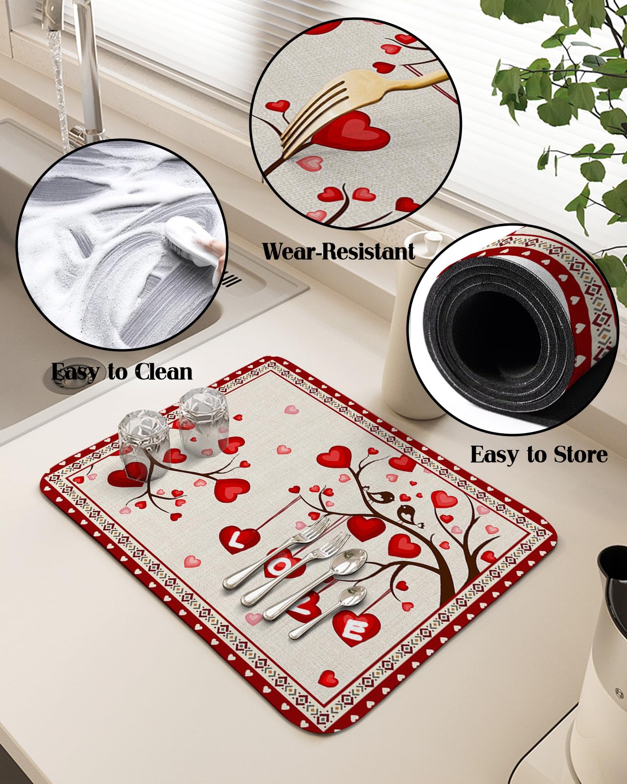 Valentines Day Dish Drying Mat for Kitchen Counter, Super Absorbent Quick Dry Coffee Bar Mat Pad Thin Diatomaceous Sink Mat Non Slip Dish Drainer Mat 12''x16'' Romantic Love Heart Tree Red