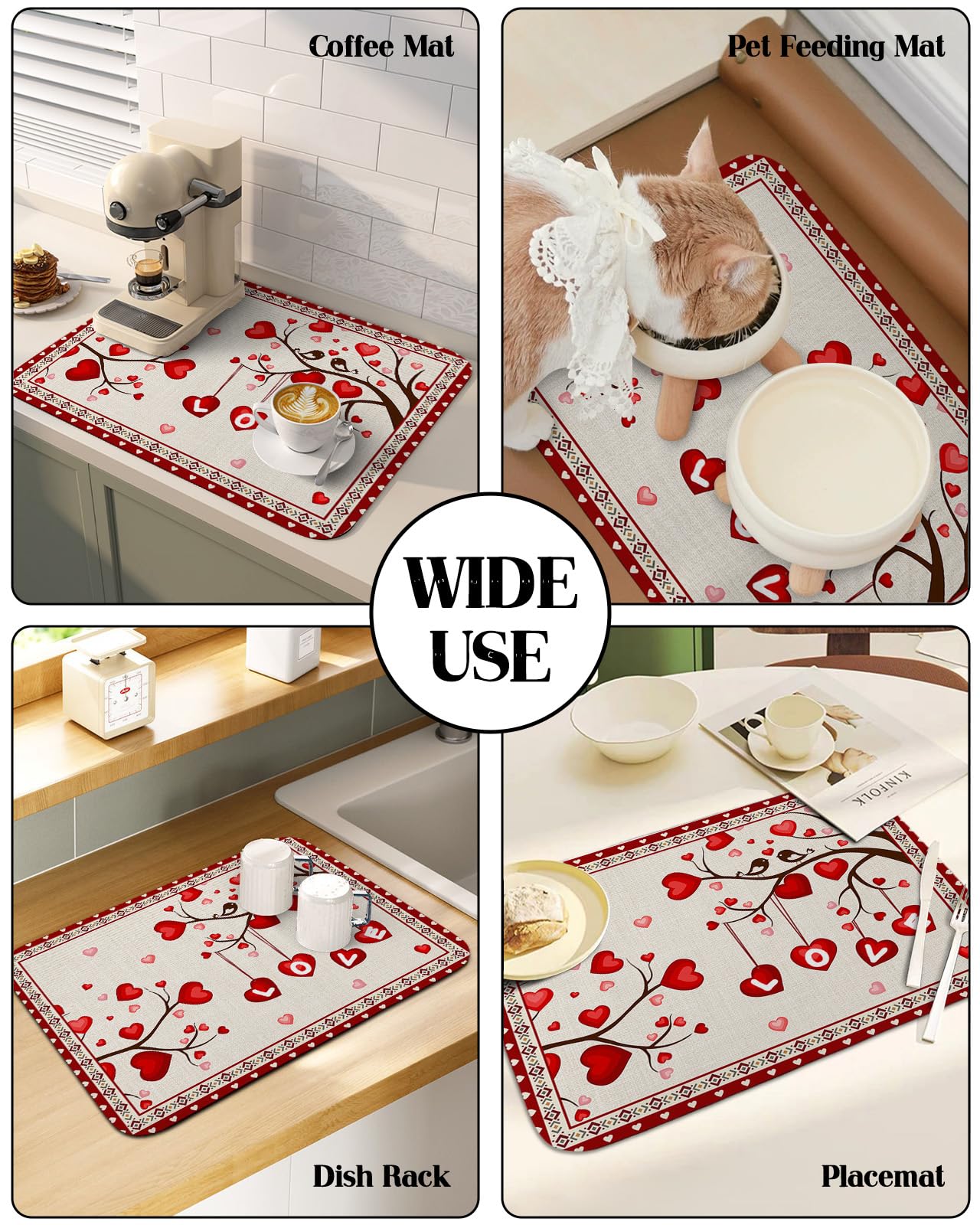 Valentines Day Dish Drying Mat for Kitchen Counter, Super Absorbent Quick Dry Coffee Bar Mat Pad Thin Diatomaceous Sink Mat Non Slip Dish Drainer Mat 12''x16'' Romantic Love Heart Tree Red