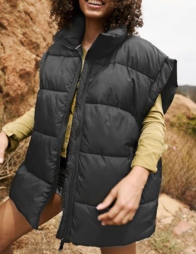 Vimyig Women's Winter Crop Puffer Vest Lightweight Warm Flysleeve Stand Collar Padded Puffy Jackets Coats with Pockets(DarkGrey-XXL)