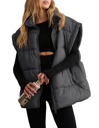 Vimyig Women's Winter Crop Puffer Vest Lightweight Warm Flysleeve Stand Collar Padded Puffy Jackets Coats with Pockets(DarkGrey-XXL)