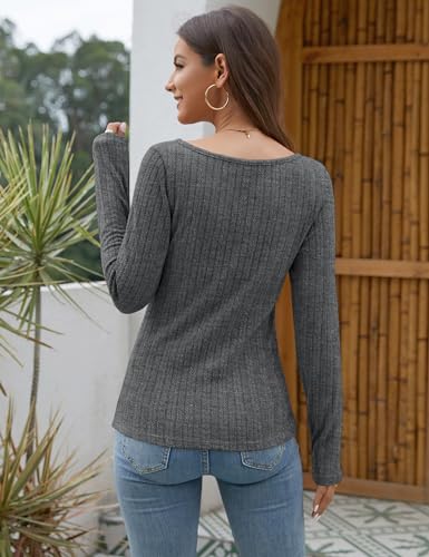 Ivicoer Womens Blouses and Tops Dressy Sexy Knitted Basic Fitted Tops V - Neck Long Sleeve Shirts Trendy Clothes Dark Gray S