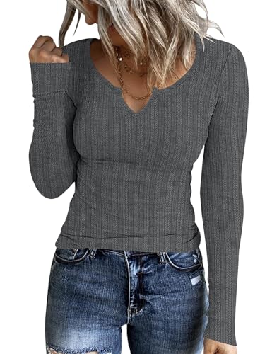 Ivicoer Womens Blouses and Tops Dressy Sexy Knitted Basic Fitted Tops V - Neck Long Sleeve Shirts Trendy Clothes Dark Gray S