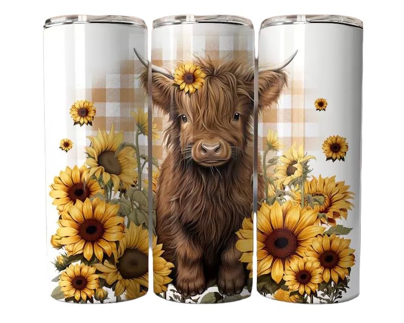Highland Cow Sunflower Plaid Tumbler Sublimation Wrap - Ready to Press Transfer - Cows, 20 oz Straight Tumbler, Tumbler Transfer, Farm