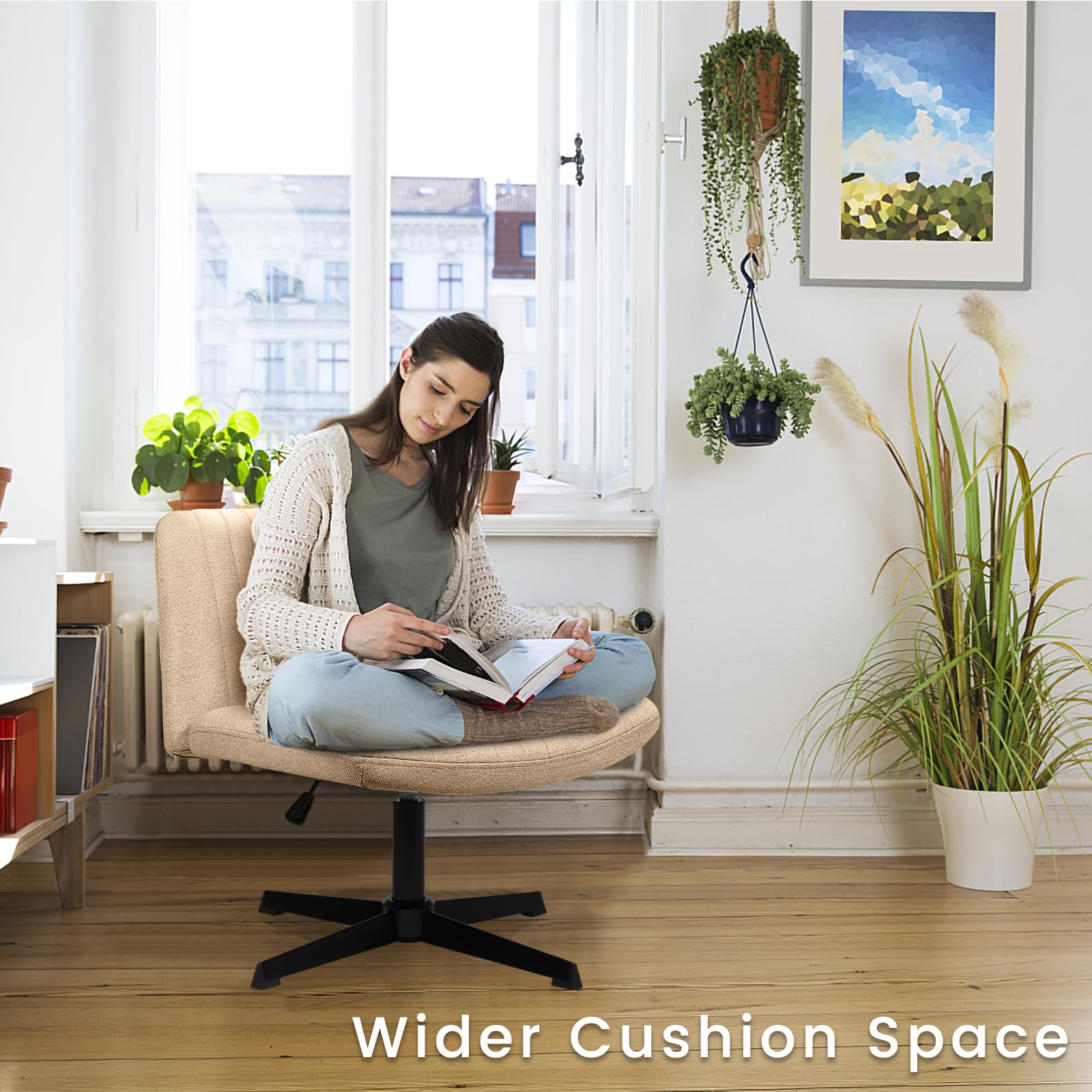 PUKAMI Criss Cross Chair,Armless Cross Legged Office Desk Chair No Wheels,Fabric Padded Modern Swivel Height Adjustable Mid Back Wide Seat Computer Task Vanity Chair for Home Office(Yellow)