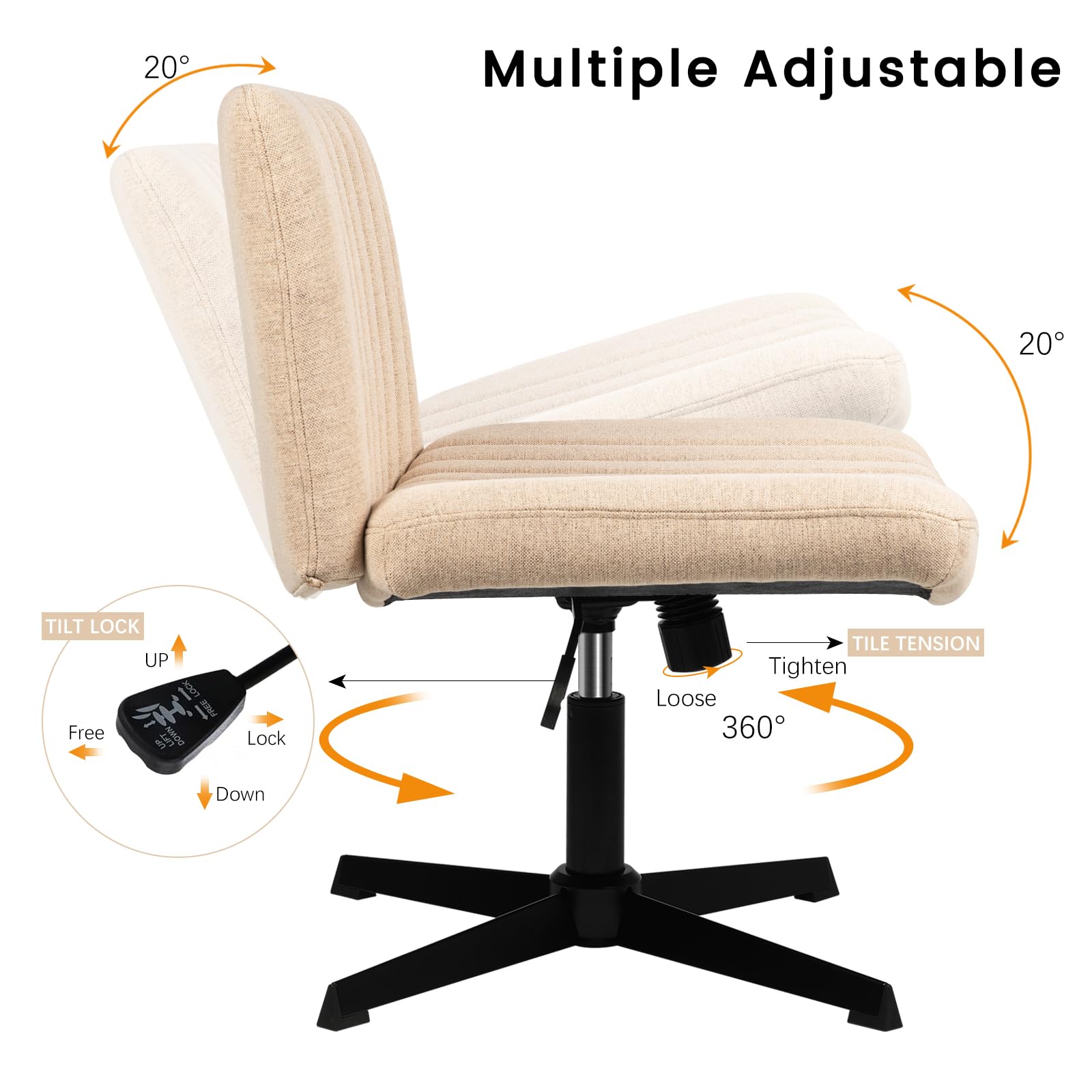 PUKAMI Criss Cross Chair,Armless Cross Legged Office Desk Chair No Wheels,Fabric Padded Modern Swivel Height Adjustable Mid Back Wide Seat Computer Task Vanity Chair for Home Office(Yellow)