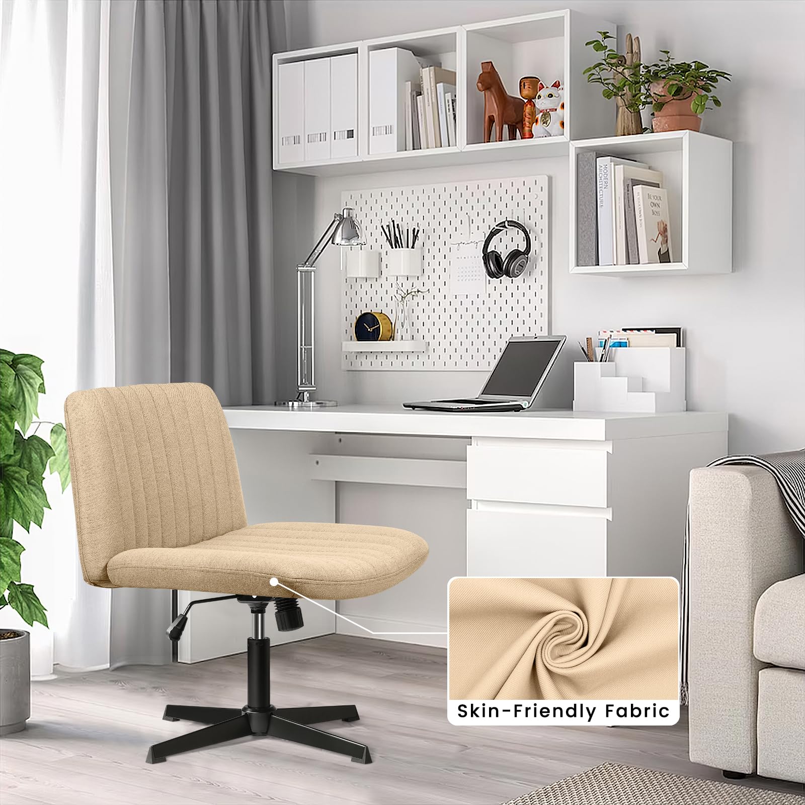 PUKAMI Criss Cross Chair,Armless Cross Legged Office Desk Chair No Wheels,Fabric Padded Modern Swivel Height Adjustable Mid Back Wide Seat Computer Task Vanity Chair for Home Office(Yellow)