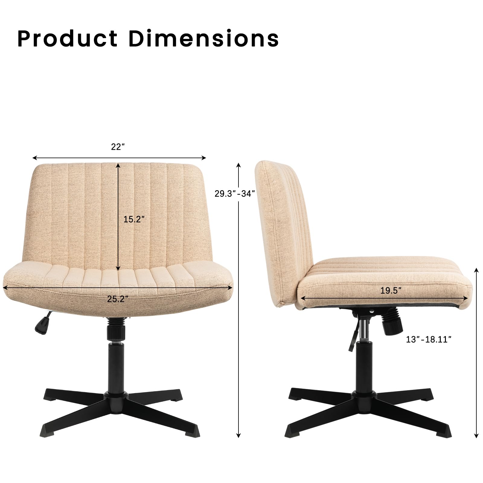 PUKAMI Criss Cross Chair,Armless Cross Legged Office Desk Chair No Wheels,Fabric Padded Modern Swivel Height Adjustable Mid Back Wide Seat Computer Task Vanity Chair for Home Office(Yellow)