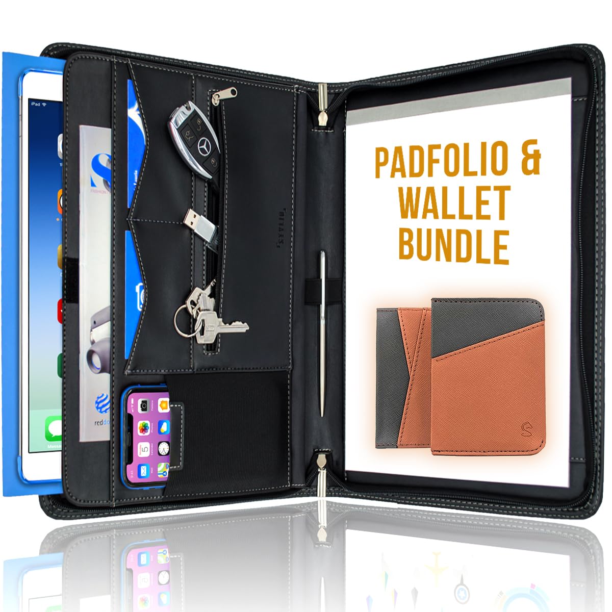 STYLIO Zippered Padfolio Binder (Black) and Slim Leather Wallet (Brown) Bundle. Perfect for Documents, iPad/Tablet, Notepad, Business Cards, IDs and Bills. Great Gift Bundle.