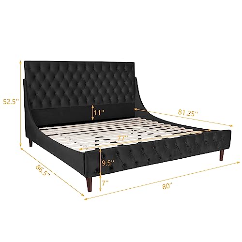 affeivul King Bed Frame and Headboard, King Size Platform Bed Frame No Box Spring Needed, Upholstered Bed Frame King with Cotton and Velvet, Low Storage, Modern Design and Wood Slats - Black