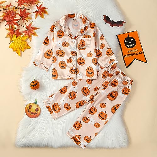 Halloween Pajamas for Toddler Girls Boys Pumpkin Silk Pajamas Long Sleeve Button-Down Tops Pants 2 Pieces Pjs Set (Pumpkin, 3-4T)