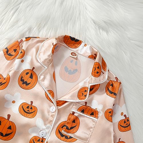 Halloween Pajamas for Toddler Girls Boys Pumpkin Silk Pajamas Long Sleeve Button-Down Tops Pants 2 Pieces Pjs Set (Pumpkin, 3-4T)