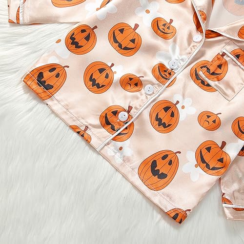Halloween Pajamas for Toddler Girls Boys Pumpkin Silk Pajamas Long Sleeve Button-Down Tops Pants 2 Pieces Pjs Set (Pumpkin, 3-4T)