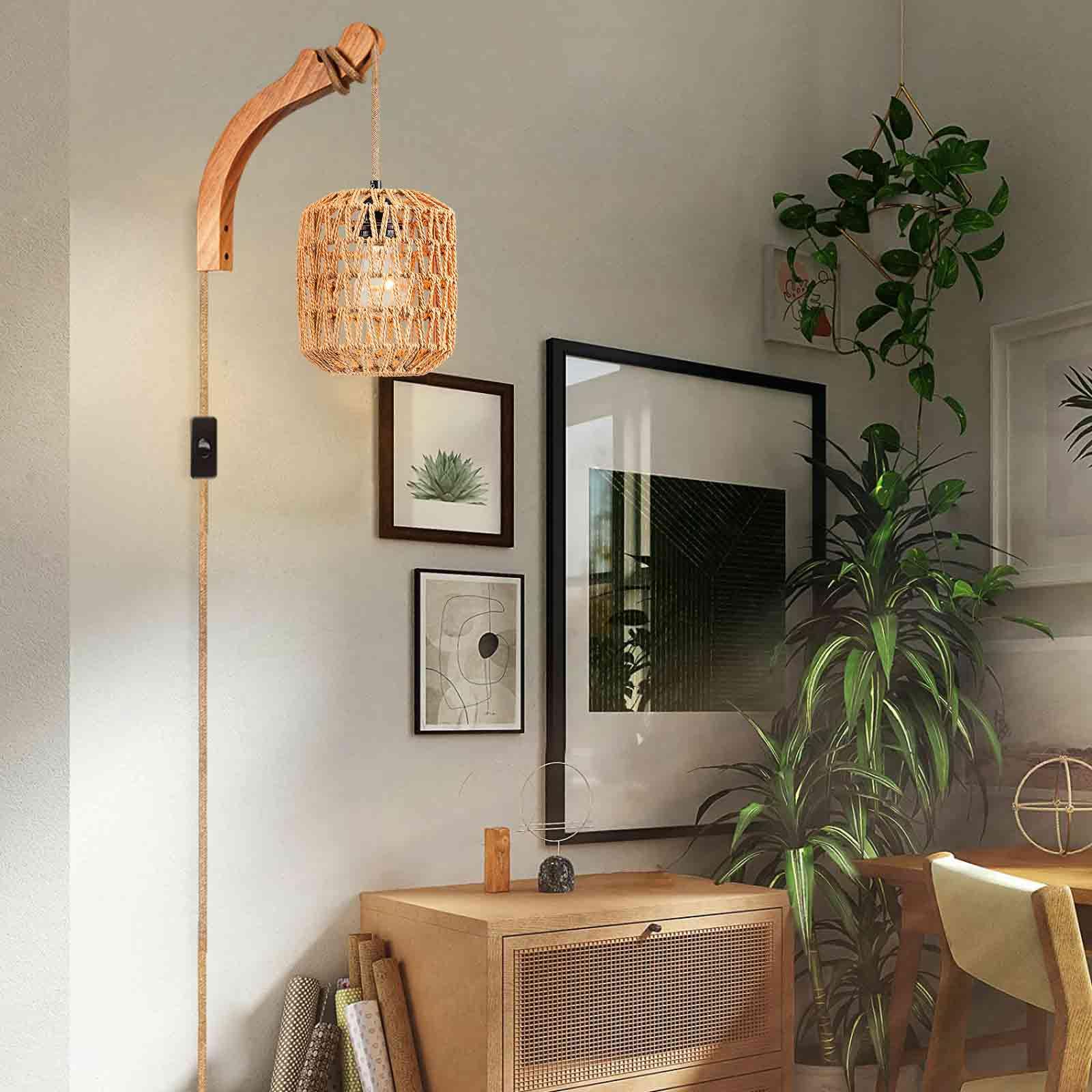 Plug-in Wall Sconces, Hemp Rope Pendant Light, Hand Woven Wall Lamp with Natural Paper String Lampshade, Farmhouse Wall Sconce Wall Mounted Light Boho Hanging Lamp for Bedroom Living Room (2 in1 DIY)