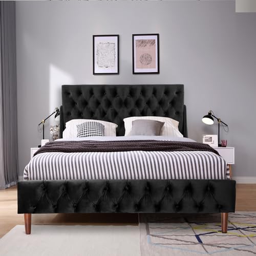 affeivul King Bed Frame and Headboard, King Size Platform Bed Frame No Box Spring Needed, Upholstered Bed Frame King with Cotton and Velvet, Low Storage, Modern Design and Wood Slats - Black