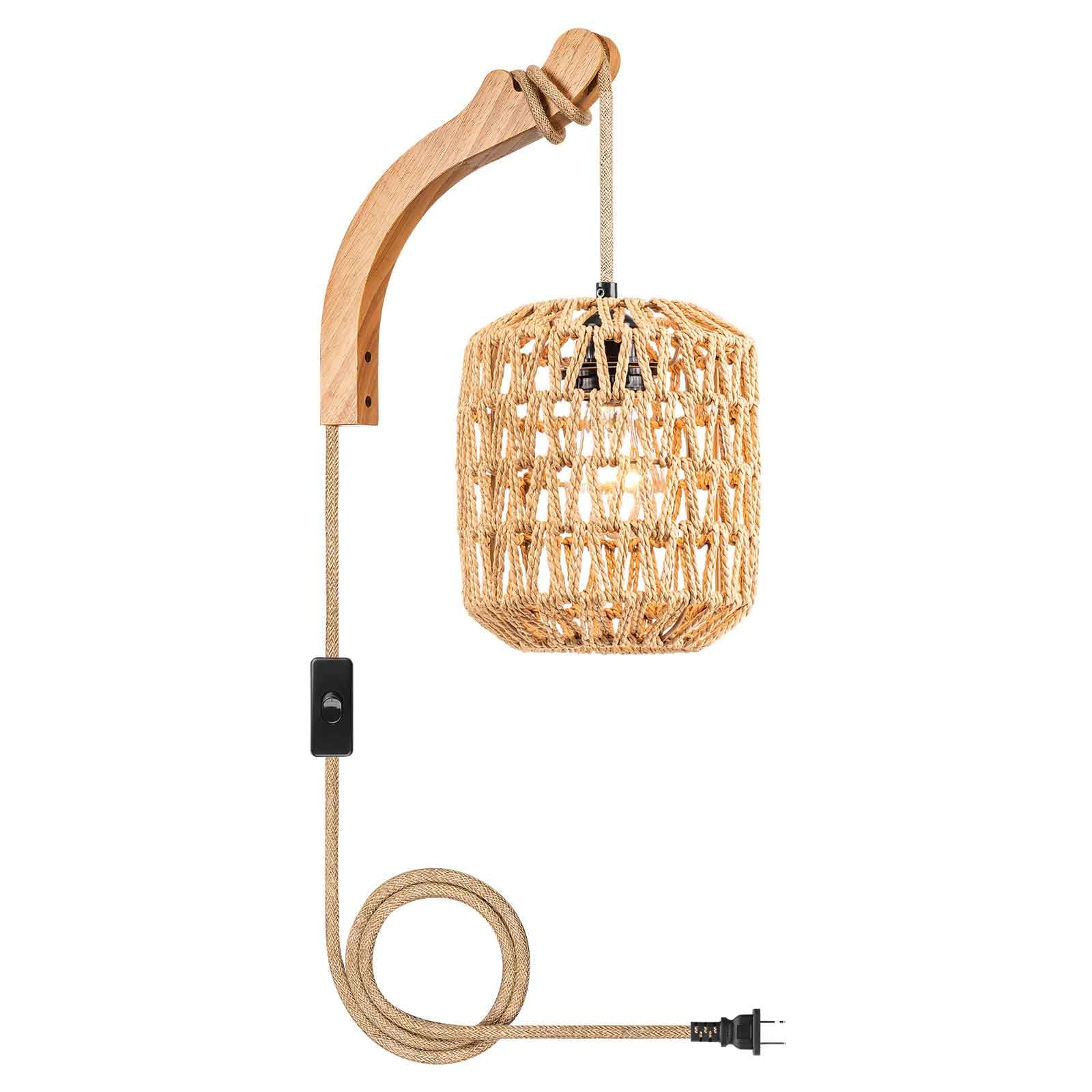 Plug-in Wall Sconces, Hemp Rope Pendant Light, Hand Woven Wall Lamp with Natural Paper String Lampshade, Farmhouse Wall Sconce Wall Mounted Light Boho Hanging Lamp for Bedroom Living Room (2 in1 DIY)
