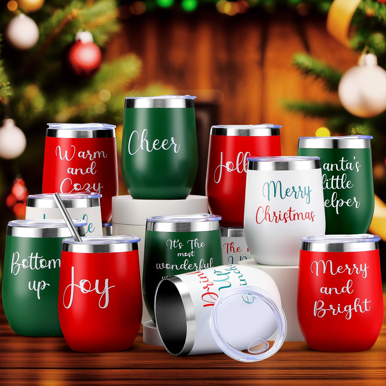 Ziliny 12 Pcs Christmas Wine Tumbler Set, 12 Oz Stainless Steel Double Wall Vacuum Insulated Coffee Mug Stemless Xmas Wine Glasses With Lid Straw Brushes for Women Friends Men Travel Gifts (Texts)