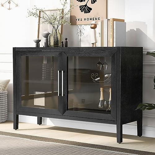 Hlcodca Wood Storage Cabinet with Two Tempered Glass Doors,Four Legs and Adjustable Shelf,Suitable for Living Room, Study and Entrance (Black-001)