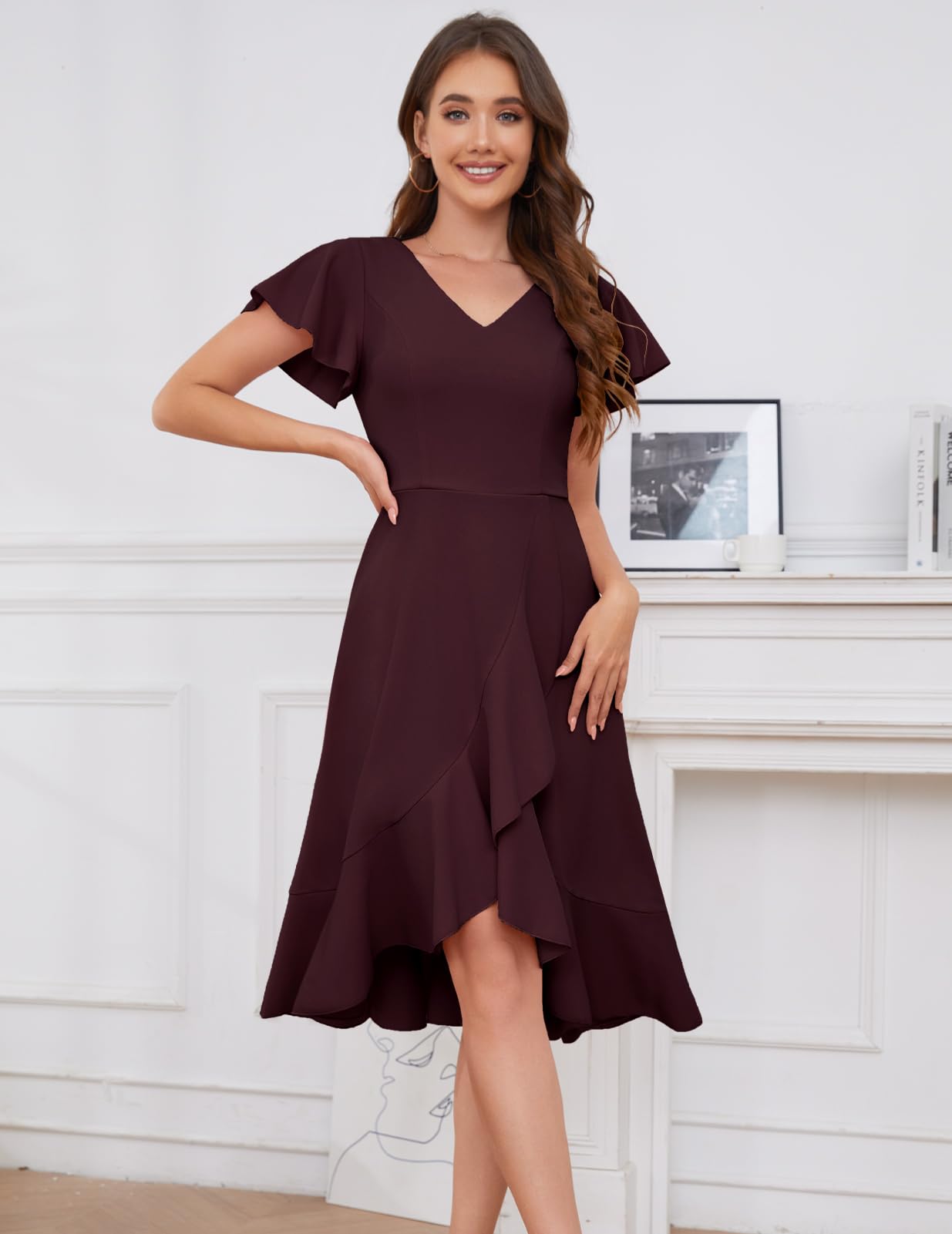 DRESSTELLS Women's Cocktail Tea Party Dresses for Wedding Guest, Red Fit Flare Modest Winter Elegant Dress for Evening Burgundy XL