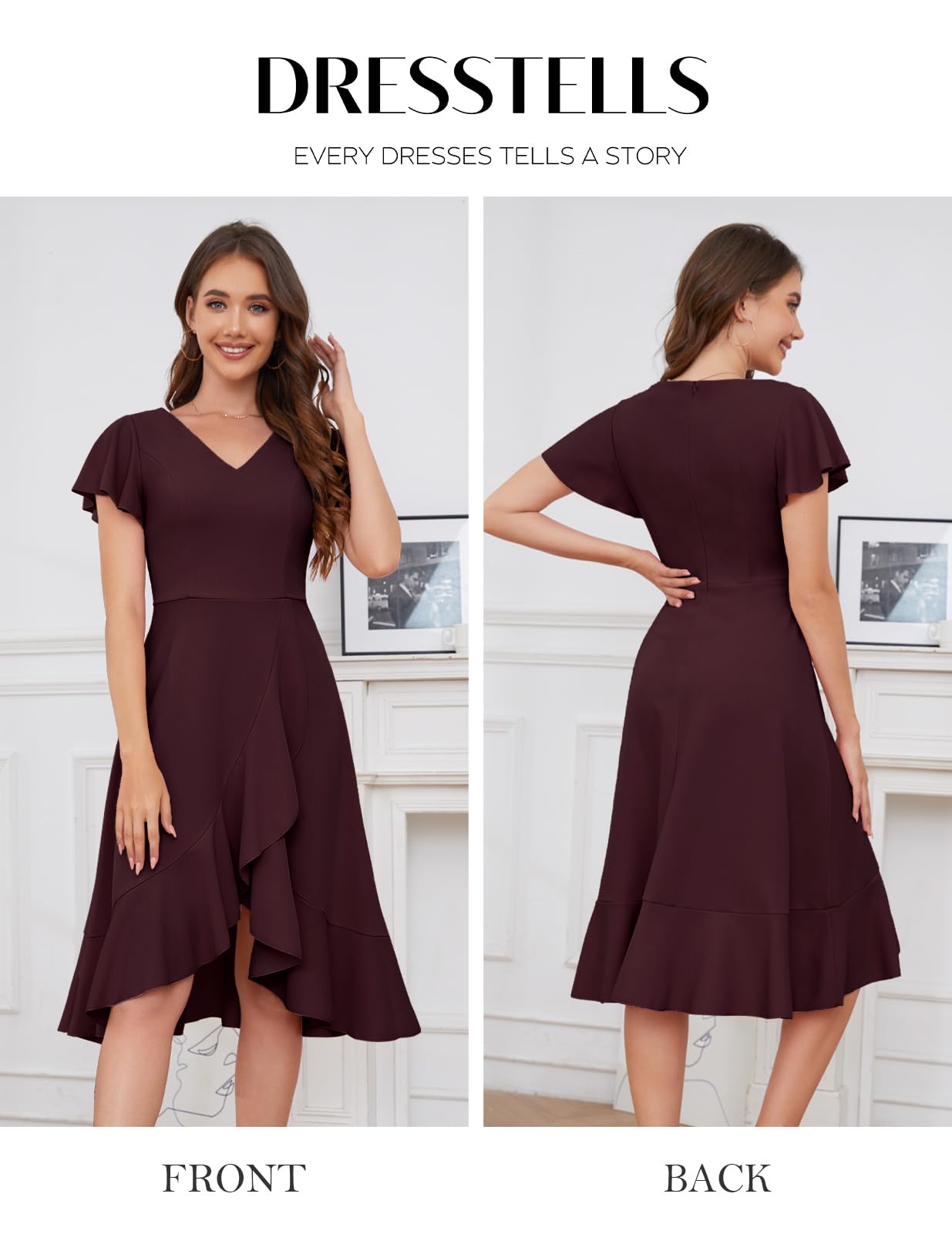 DRESSTELLS Women's Cocktail Tea Party Dresses for Wedding Guest, Red Fit Flare Modest Winter Elegant Dress for Evening Burgundy XL