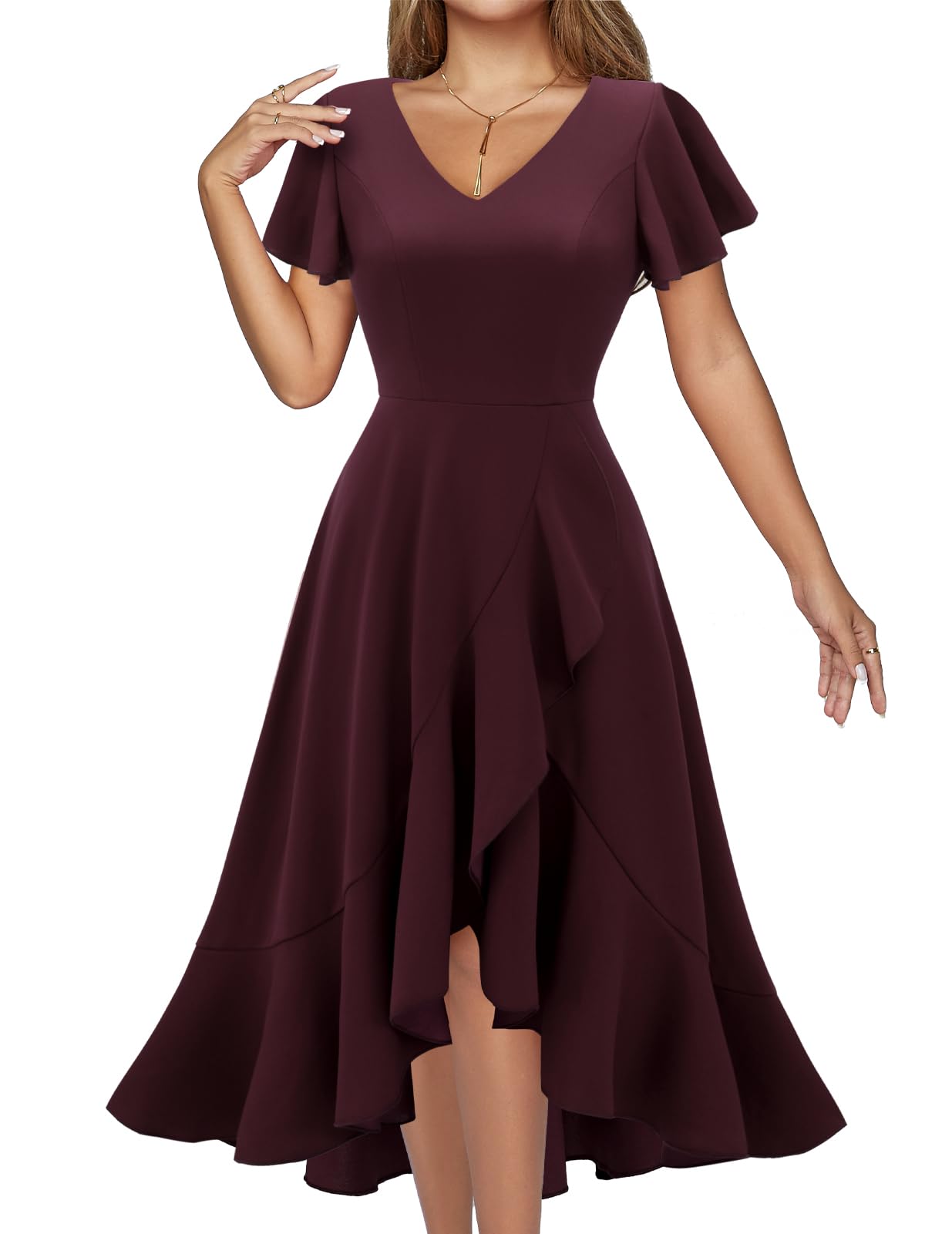 DRESSTELLS Women's Cocktail Tea Party Dresses for Wedding Guest, Red Fit Flare Modest Winter Elegant Dress for Evening Burgundy XL