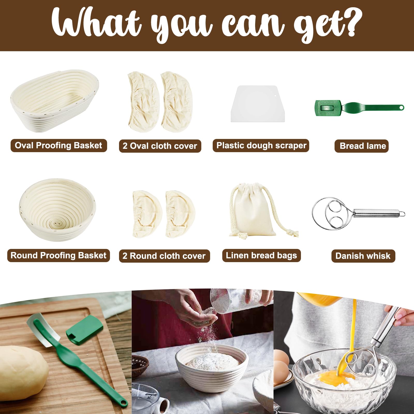 Bread Proofing Basket, Sourdough Bread Baking Supplies and Tools Sourdough Proofing Basket Set of 5.1 Inch Round and 9.8 Inch Oval Bread Making Kit of Bread