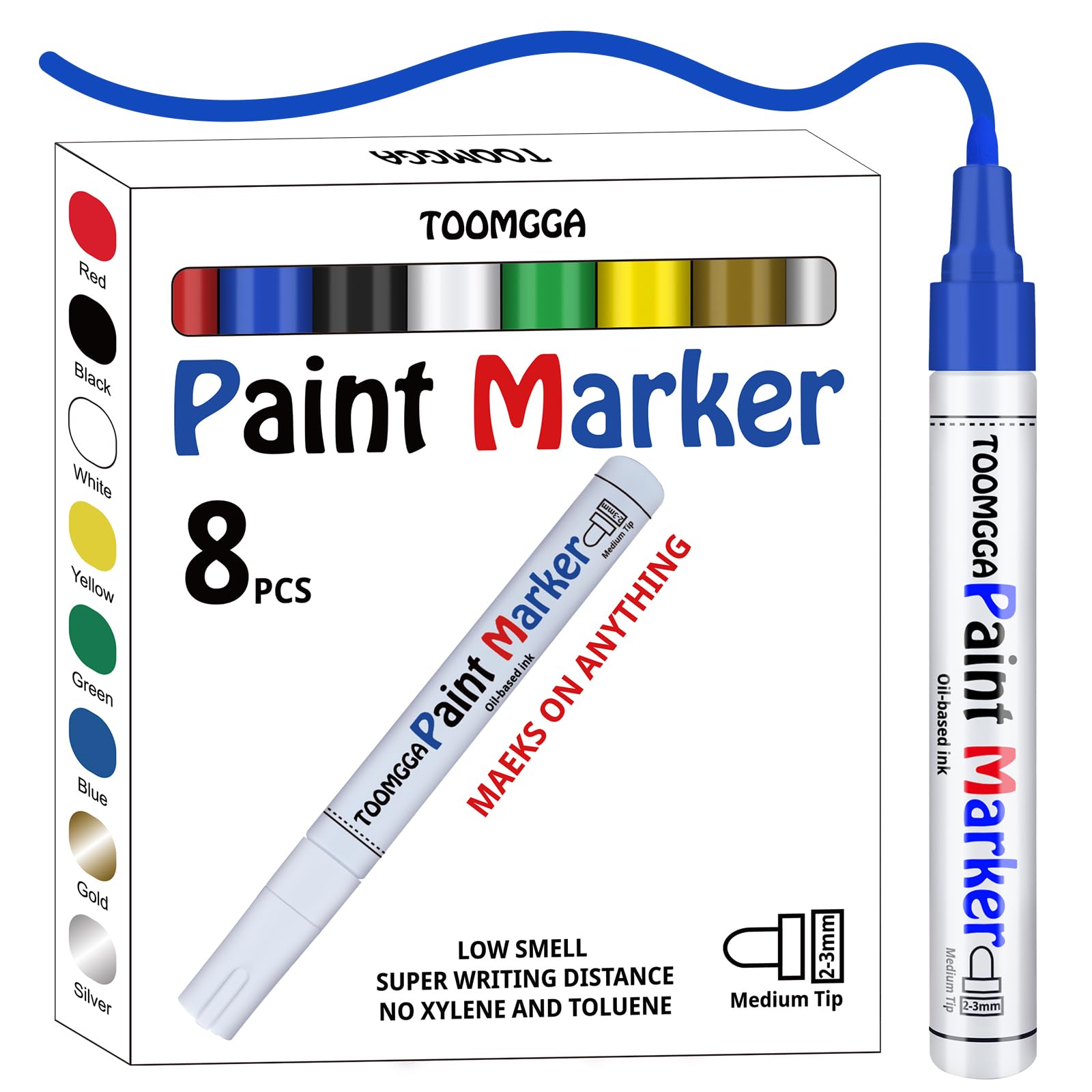 TOOMGGA Paint Pens Paint Markers - 8 Colors Permanent Oil Based Paint Pens, Quick Dry and Waterproof, Great for Rock Painting, Metal, Glass, Fabric, Plastic, Medium Point, 8-PP
