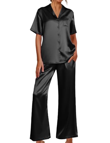 Ekouaer Pjs Women's Summer Silk Pajamas Plus Size Satin Shirt and Long Pants 2 Piece Lounge Wear Outfits Set Black,XX-Large