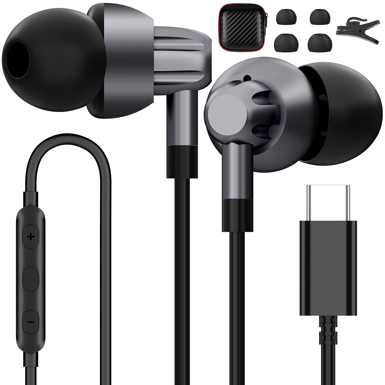 USB C Headphones for Samsung S24 S23 Ultra S22 S21 FE S20 A54 A53 Note 20 10+ Wired Earbuds Noise Canceling in-Ear Type C Earphone with Microphone Stereo Bass for iPhone 15 16 Pixel 8 7 6, Metal-Grey