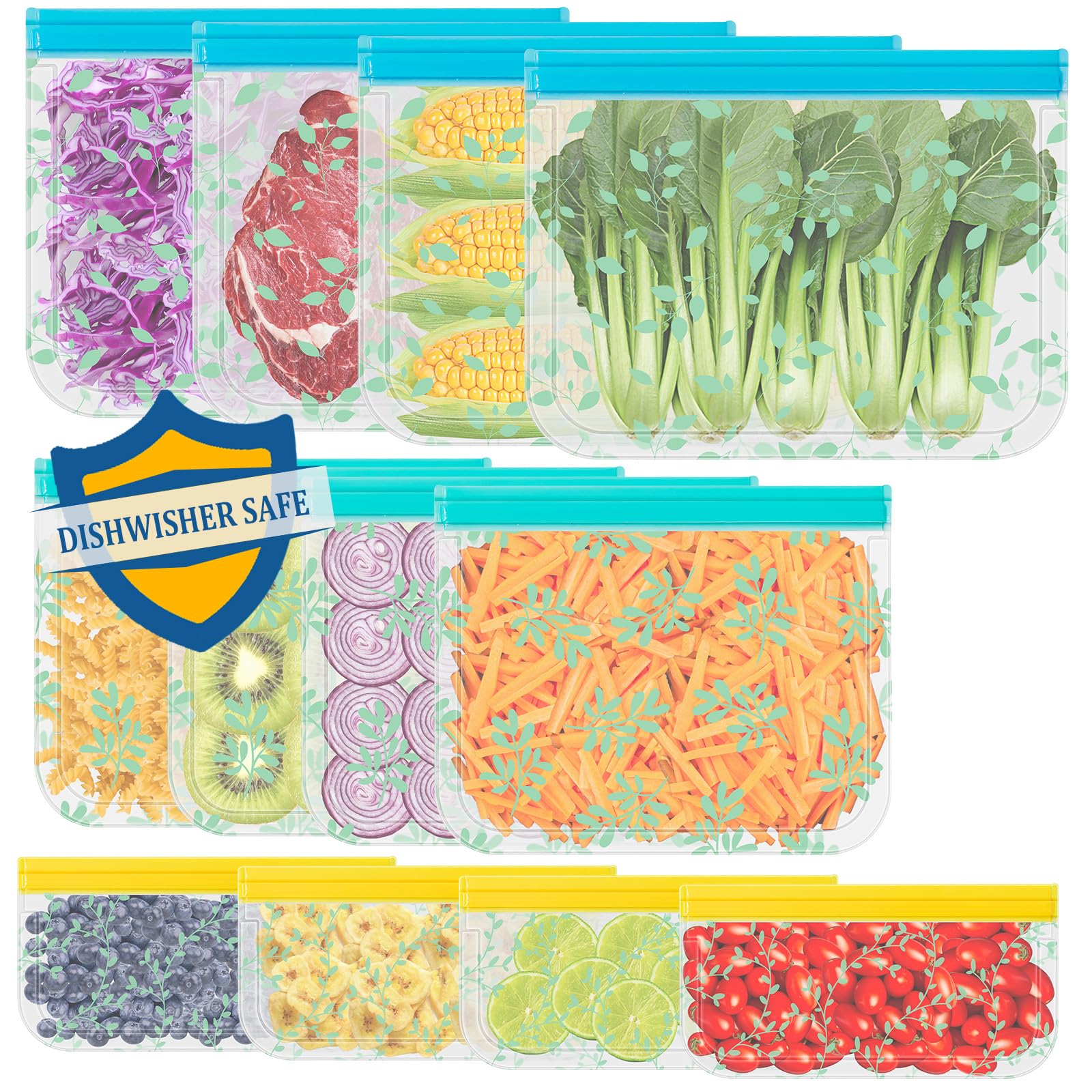 12 Pack Reusable Bags Silicone, Leak proof Reusable Freezer Bags for Food Storage, 4 Gallon 4 Sandwich 4 Snack Bags, BPA Free Dishwasher Safe Reusable Storage Bags for Lunch Marinate Food Travel