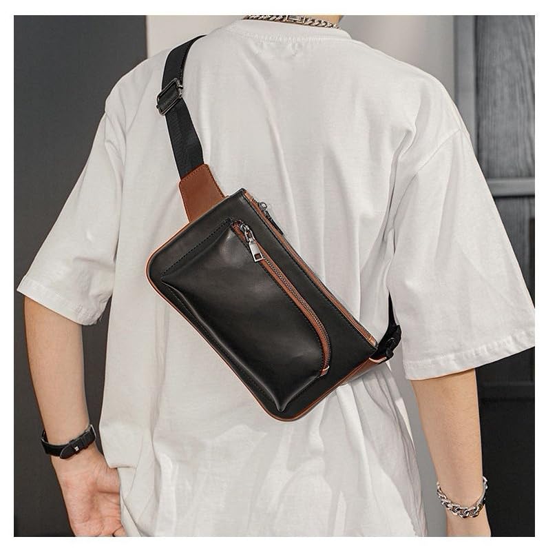 Bestsent Men's Leather Sling Bag,Chest Shoulder Backpack, Water waterproof Crossbody Bag (#03 Black&Brown)