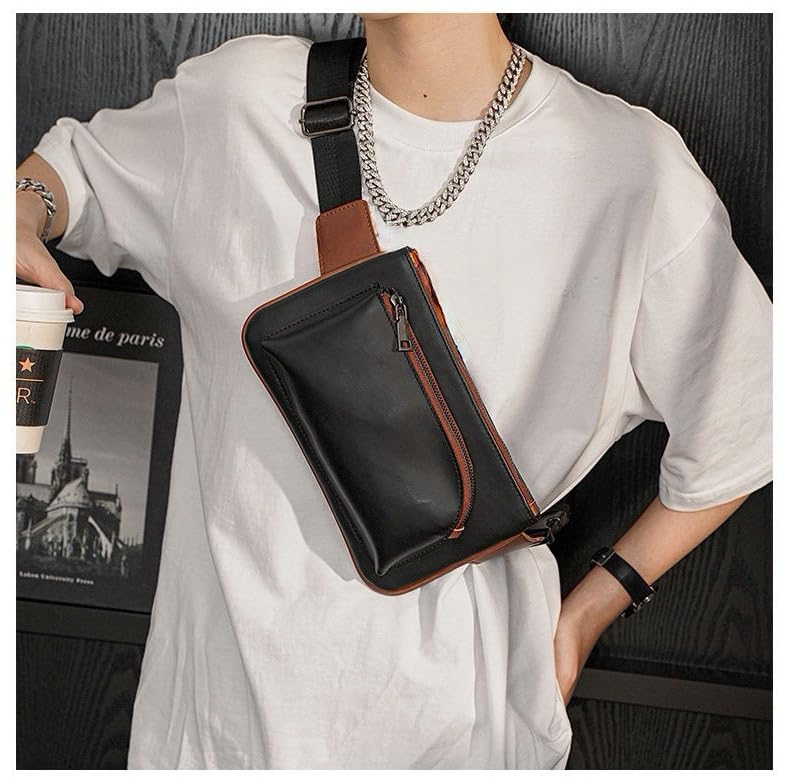 Bestsent Men's Leather Sling Bag,Chest Shoulder Backpack, Water waterproof Crossbody Bag (#03 Black&Brown)
