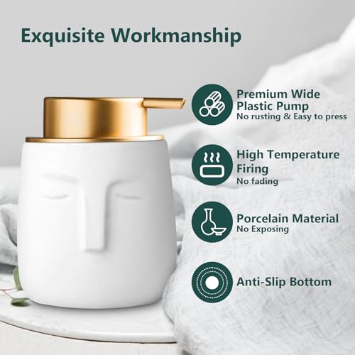 Tmore Foaming Soap Dispenser Ceramic 11.8oz Unique Face-Shaped Hand Dish Foam Soap Bottle Refillable Matte Countertop Lotion Dispenser for Bathroom Kitchen Decro (Foaming White)