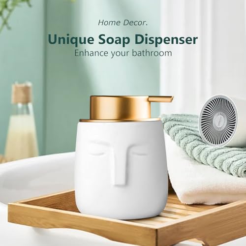 Tmore Foaming Soap Dispenser Ceramic 11.8oz Unique Face-Shaped Hand Dish Foam Soap Bottle Refillable Matte Countertop Lotion Dispenser for Bathroom Kitchen Decro (Foaming White)
