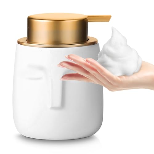 Tmore Foaming Soap Dispenser Ceramic 11.8oz Unique Face-Shaped Hand Dish Foam Soap Bottle Refillable Matte Countertop Lotion Dispenser for Bathroom Kitchen Decro (Foaming White)