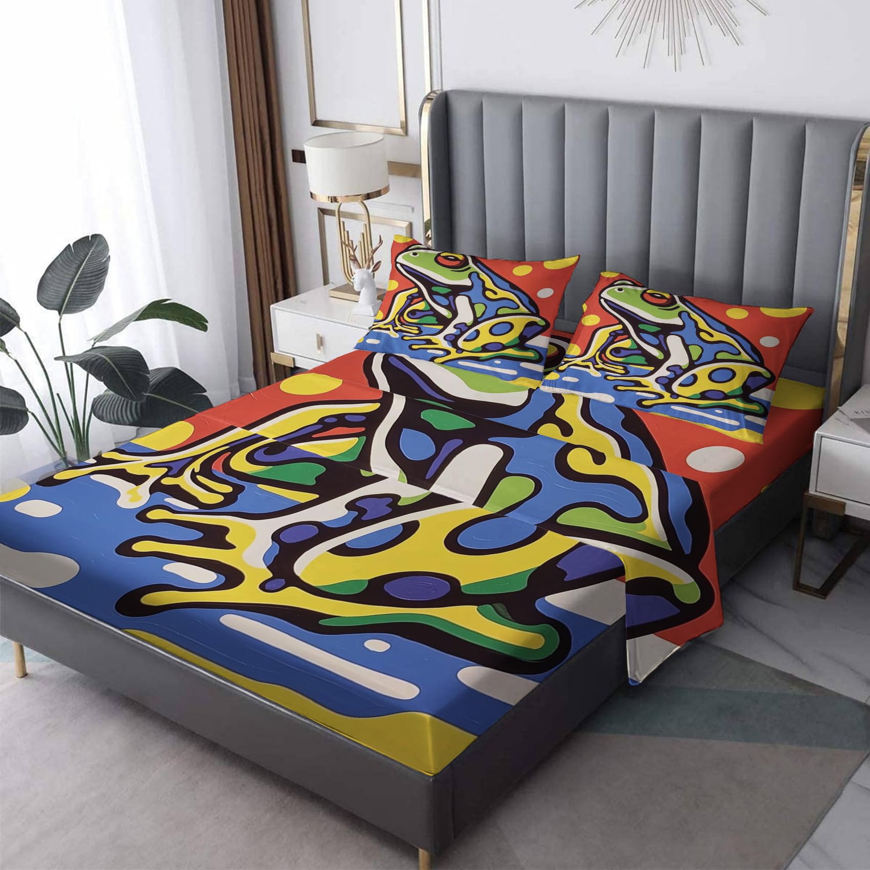 zcsm Frog Sheets Full Size Sheet Sets - Cartoon Amphibian Bed Sheets, Soft Microfiber & Deep Pocket & Wrinkle Free Patterned Bedding Sheets & Pillowcases, 1 Fitted Sheet, 1 Flat Sheet, 2 Pillow Cases