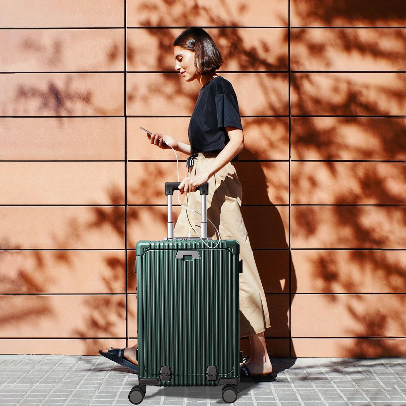 DwanNuts Carry On Luggage with Cup Holder and Usb Port, Aluminum Frame, Front Compartment, TSA Lock, 22x14x9 Airline Approved Hardside Suitcase with Spinner Wheels(Dark Green, 20-lnch)