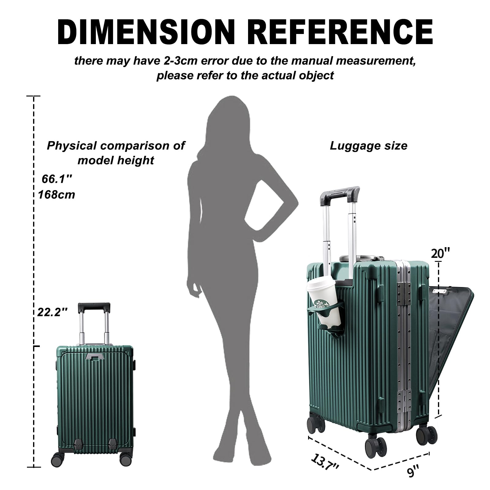 DwanNuts Carry On Luggage with Cup Holder and Usb Port, Aluminum Frame, Front Compartment, TSA Lock, 22x14x9 Airline Approved Hardside Suitcase with Spinner Wheels(Dark Green, 20-lnch)