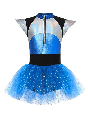 Doomiva Girls Alien Costume Kids Halloween Robot Cosplay Outfits Shiny Metallic Leotard Sparkly Tutu Tulle Dress Blue 16 Years