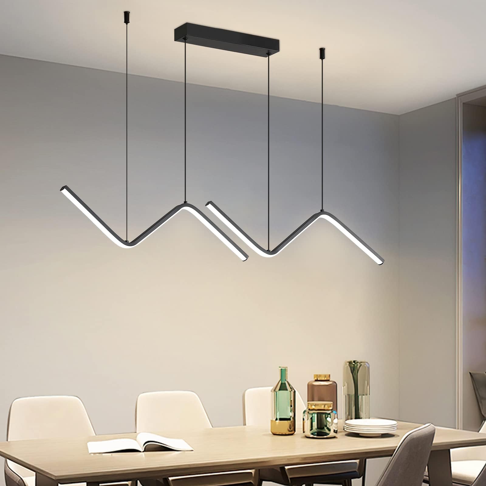Matven Island Lights, Linear Pendant Light LED Dimmable Hanging Light Fixture with Remote Control,Chandeliers for Dining Room Living Room, 3000K-6000K, 35IN
